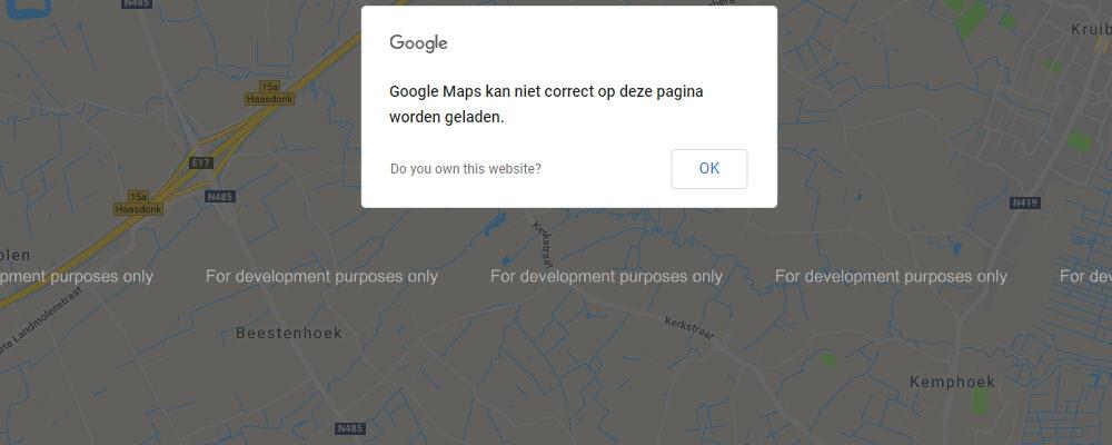 Wis de Google Maps "For Development Purposes Only" melding van je site